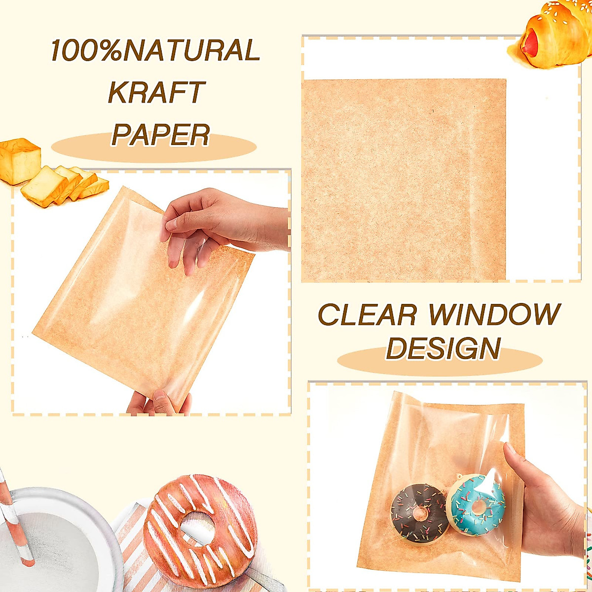 Outus 400 Pcs Heat Sealable Bakery Bags with Window Grease Resistant Kraft Cookie Bags Pastry Bags with Paper Stickers for Packaging Donut Bread Cookie Goods Sandwich Baked Treat (7.1 x 7.5 Inch)