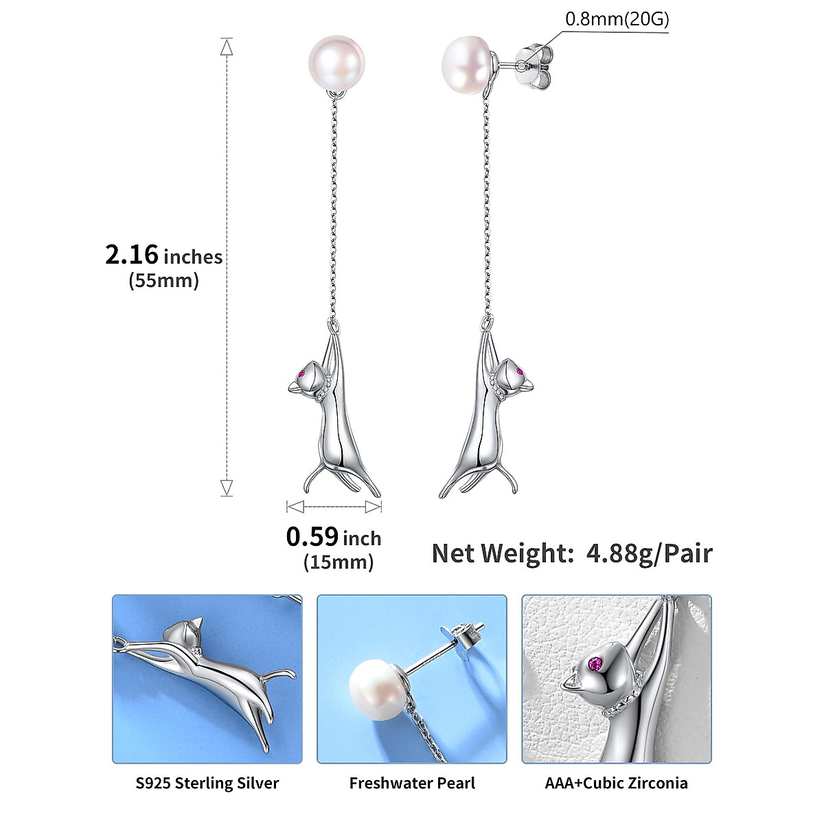 Kitten Drop Earrings for Women Elegant Pearl Stud 925 Sterling Silver Cat Dangle Earrings