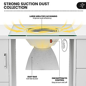 Paddie Manicure Table Nail Desk for Nail Tech, Glass Top Beauty Salon Nail Tech Table Station with Electric Downdraft Vent, Wrist Cushion, Storage Drawers, Metal Handles, Golden Legs (White)