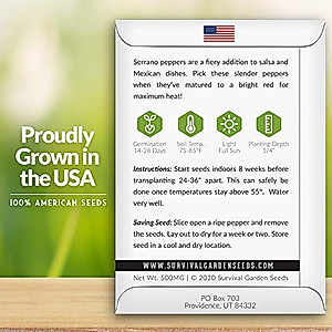 Survival Garden Seeds - Serrano Pepper Seed for Planting - Packet with Instructions to Plant and Grow Spicy Mexican Peppers in Your Home Vegetable Garden - Non-GMO Heirloom Variety
