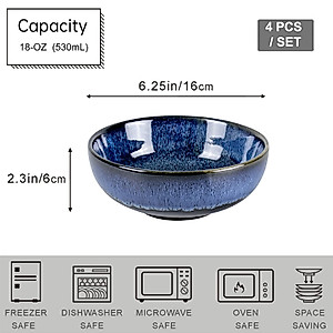 UNICASA Ceramic Cereal Bowls Set, 18 OZ Salads Bowls Set of 4, Dessert Serving Bowl for Soup, Reactive Glaze Ramen Bowls, Microwave Oven and Dishwasher Safe, Blue