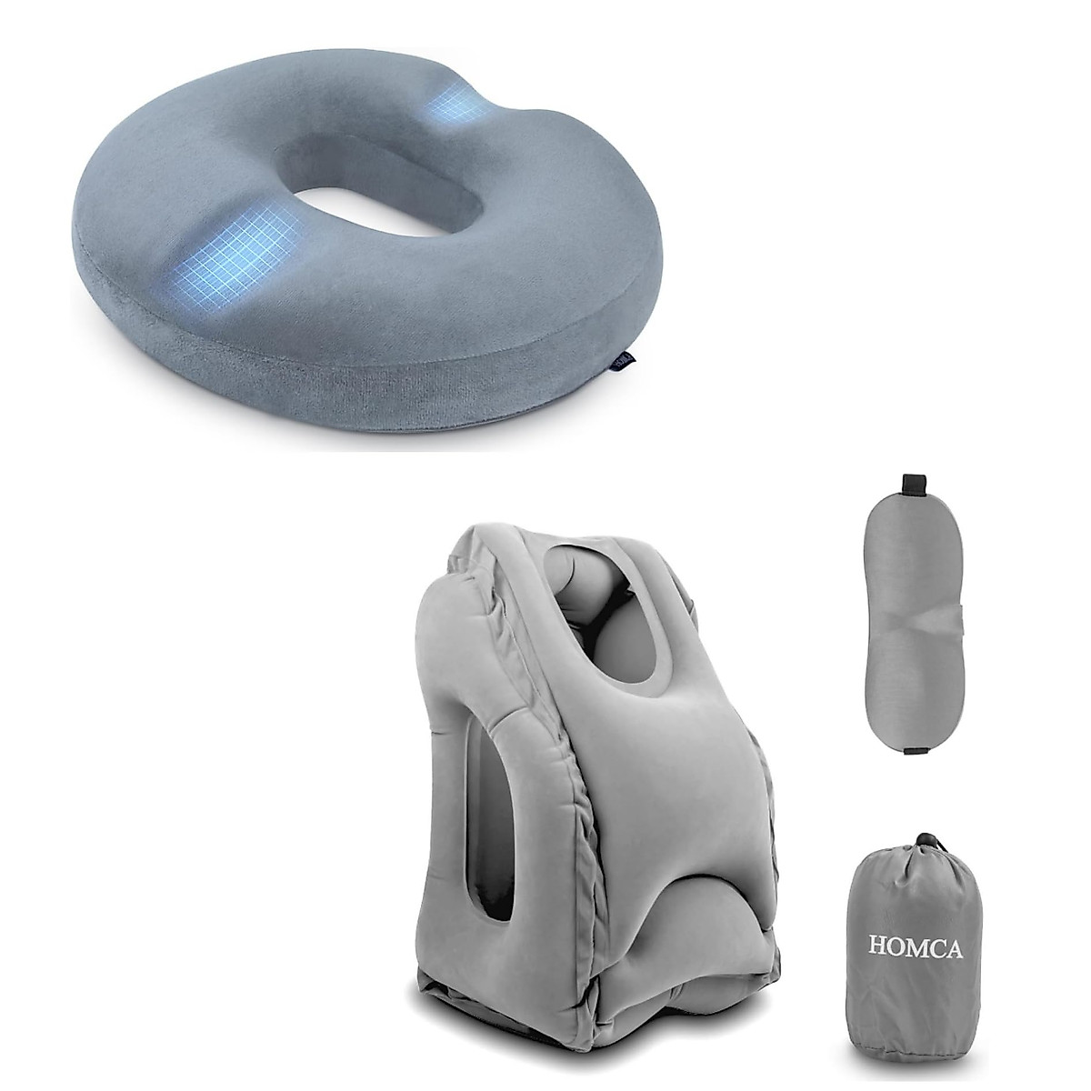 HOMCA Travel Pillow, Portable Head Neck Rest Inflatable Pillow from, Design for Airplanes, Cars, Buses, Trains, Office Napping, Camping - Includes Free Eye mask