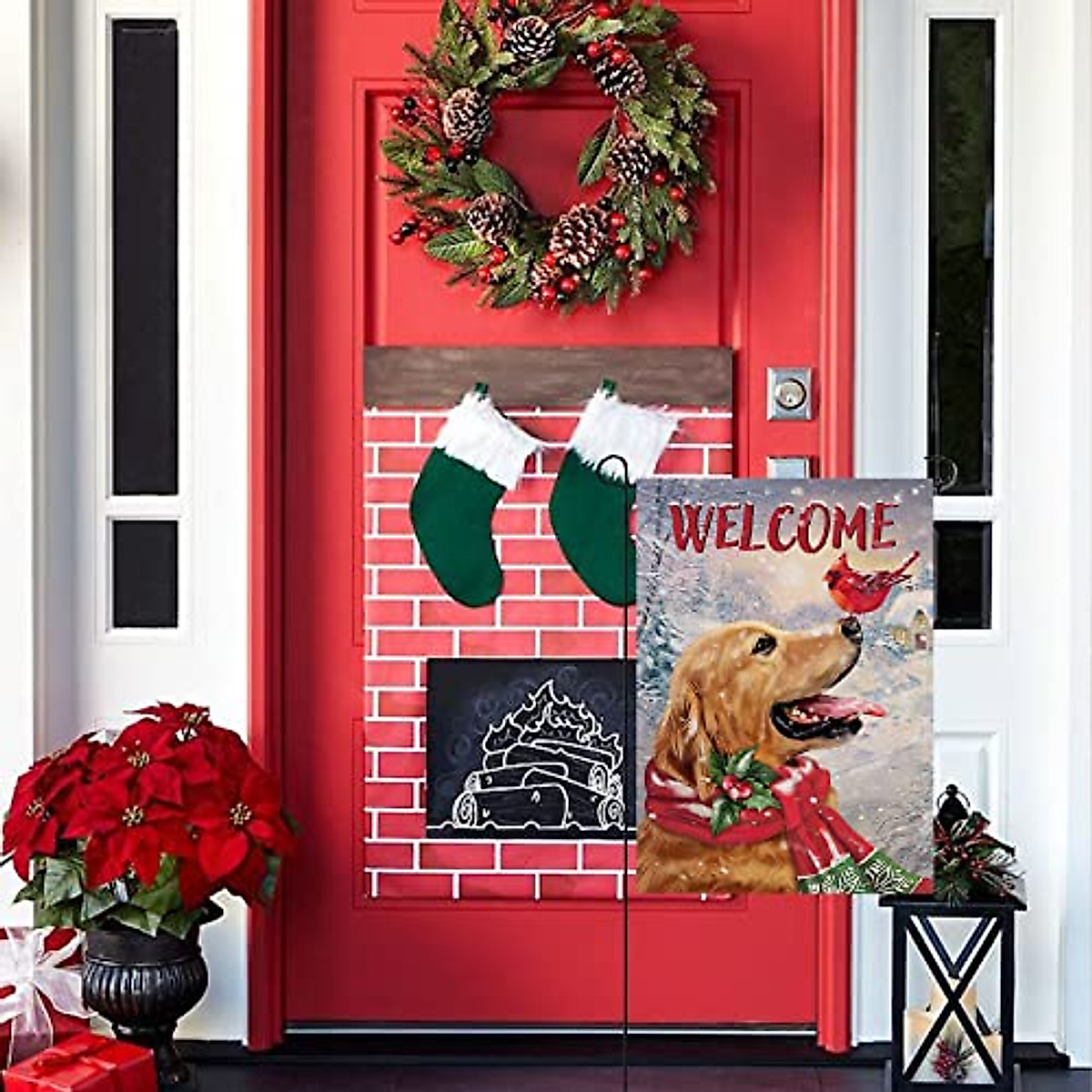 Selmad Welcome Winter Golden Retriever Dog Decorative Burlap Garden Flag, Puppy Cardinal Pet Home Yard Small Outdoor Decor, Christmas Snowy Outside Decoration Double Sided 12 x 18