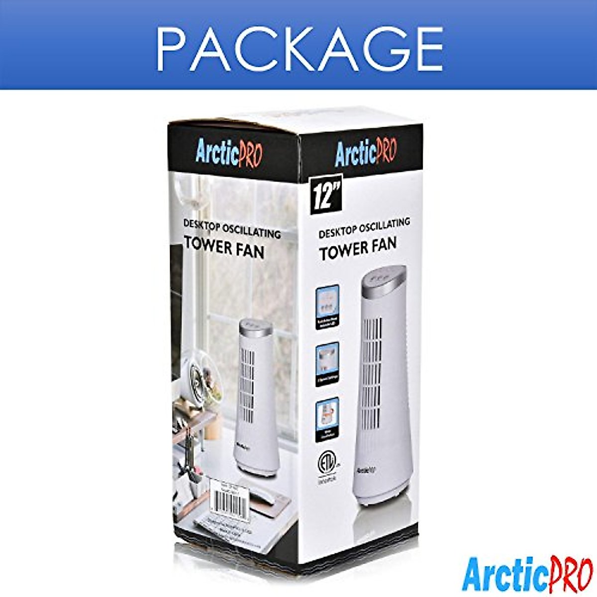 MINI DESK OSCILLATING TOWER FAN By Arctic-Pro – Slim and Compact Size, 2-Speed, Ultra-Quiet Operation, Convenient Carrying Handle, 75 Degrees of Oscillation For Powerful Circulation, 12 Inches, White