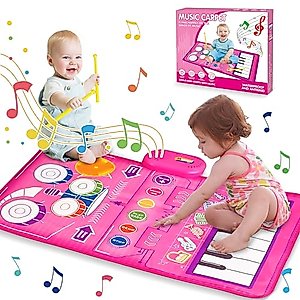 1 2 3 Year Old Girl Birthday Gift Toys, 2 in 1 Musical Toys for Toddlers 1-3 Piano Keyboard & Drum Mat with 2 Drum Sticks Toddler Toys Age 1-2, Baby Toys for 1 Year Old Toys for 2 Year Old Girl