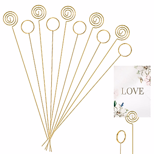 20PCS Gold Flower Card Holder Stick 13.1 Inch Circle Swirl Round Place Card Holders Clip Metal Wire Floral Picks Picture Holders for Table Numbers Wedding Party Birthday Memo Bouquet DIY