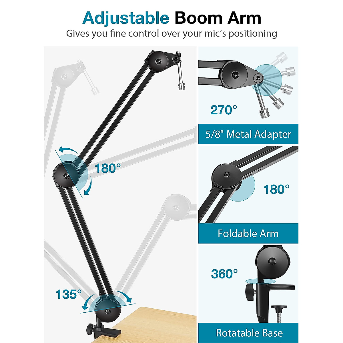 InnoGear Microphone Arm Stand, Heavy Duty Suspension Mic Boom Scissor with Mic Clip,Pop Filter,Windscreen,5/8in to 3/8in,5/8in to 1/4in Adapter,Cable Ties for Blue Yeti Nano Snowball Other Mics Black