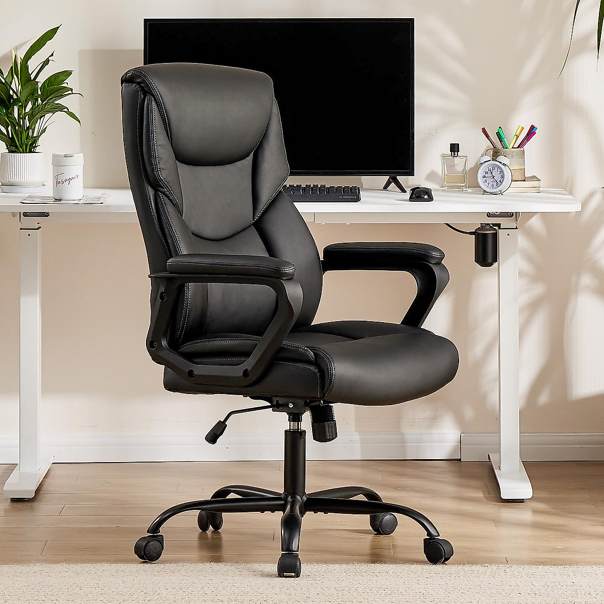 Office Desk Chair Ergonomic Rolling Swivel Home Office Desk Chairs,High Back Computer Chair PU Leather Executive Task Chair with Padded Armrests/Adjustable Height/Tilt,Black