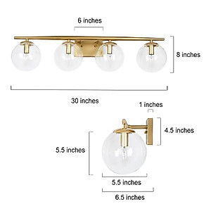 KSANA Gold Bathroom Light Fixtures, Modern Bathroom Vanity Light fixtures Over Mirror, 4 Light Bathroom Lights with Clear Globe Glass Shades and Taper Arm