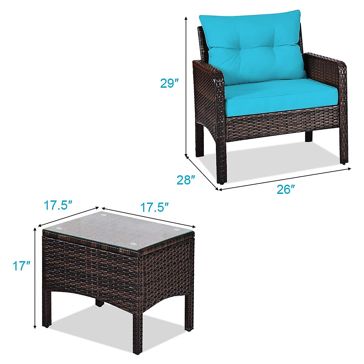 RELAX4LIFE 3-Piece Patio Furniture Set, PE Rattan Wicker Outdoor Conversation Set w/Glass Top Coffee Table & Thick Cushions for Deck Porch Balcony Garden, Bistro Table and Chairs Set of 2 (Turquoise)