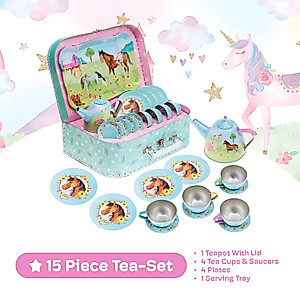 Jewelkeeper Toddler Toys Tea Set for Little Girls - 15 Pcs Tin Tea Set for Kids Tea Time Includes Teapot, 4 Tea Cup and Saucers Set and 4 Snack Plates , Horse Tea Party Set with Carrying Case