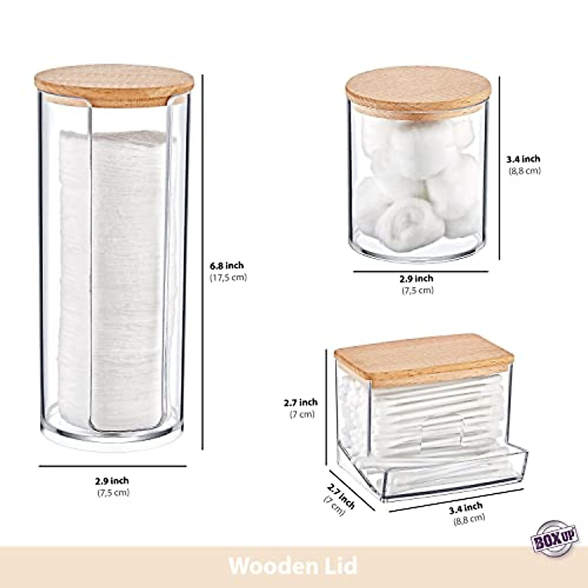 Boxup Air Tight Canister Storage Container with Wooden Lid Holder Bathroom Jars Canisters for Cotton Ball Swab Pad Storage Dispenzer