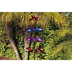 Exhart Wind Spinner, Lotus Flower Garden Stake with 4 Flowers, Wind Powered Metal Outdoor Garden Decor and Yard Art, 17 x 72 Inch