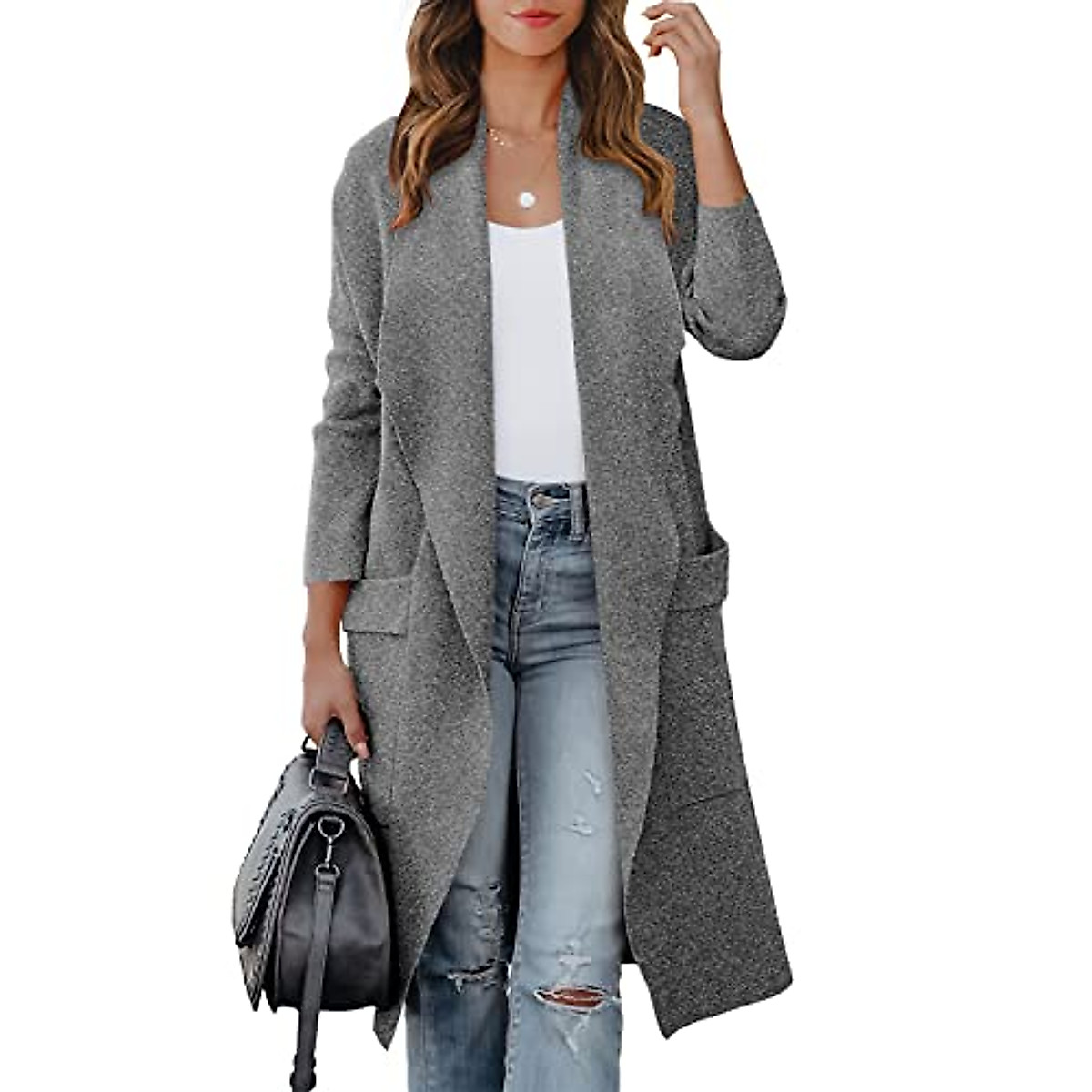 ANRABESS Women's 2023 Fall Casual Long Sleeve Draped Open Front Knit Pockets Long Cardigan Jackets Sweater Comfy Trendy Outfits Coat 580shenhuahui-S Gray