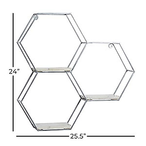 Deco 79 Marble Hexagon 3 Marble Shelves Wall Shelf, 26" x 5" x 24", Silver
