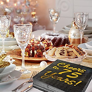 75th Birthday Decorations for Men Women Party Supplies Cocktail Napkins Black Gold 50 Pack,5"x 5" Folded, Cheers to 75 Years!