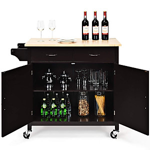 Giantex Kitchen Island, Rolling Kitchen Cart, Wood Counter Top, Utility Service Trolley Cart with Storage Cabinet and 2 Large Drawer Towel Rack, Bar Dining Room Organizer Furniture, Dark Brown