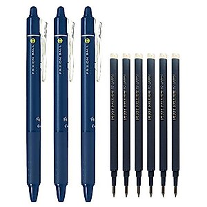 Pilot FriXion Ball Knock Retractable Erasable Gel Ink Pens, Extra Fine Point 0.7mm, Blue Black Ink, 3 Pens & 6 Refills Value Set