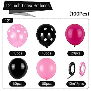 GREMAG Black Pink Balloon, 100 Pcs Latex Balloon, 12inch Black Hot Pink Polka Dot Balloon, Pink Party Decoration Balloon Kit, for Cartoon Mouse Themed Party, Baby Shower, Birthday, Girl Party Supplies