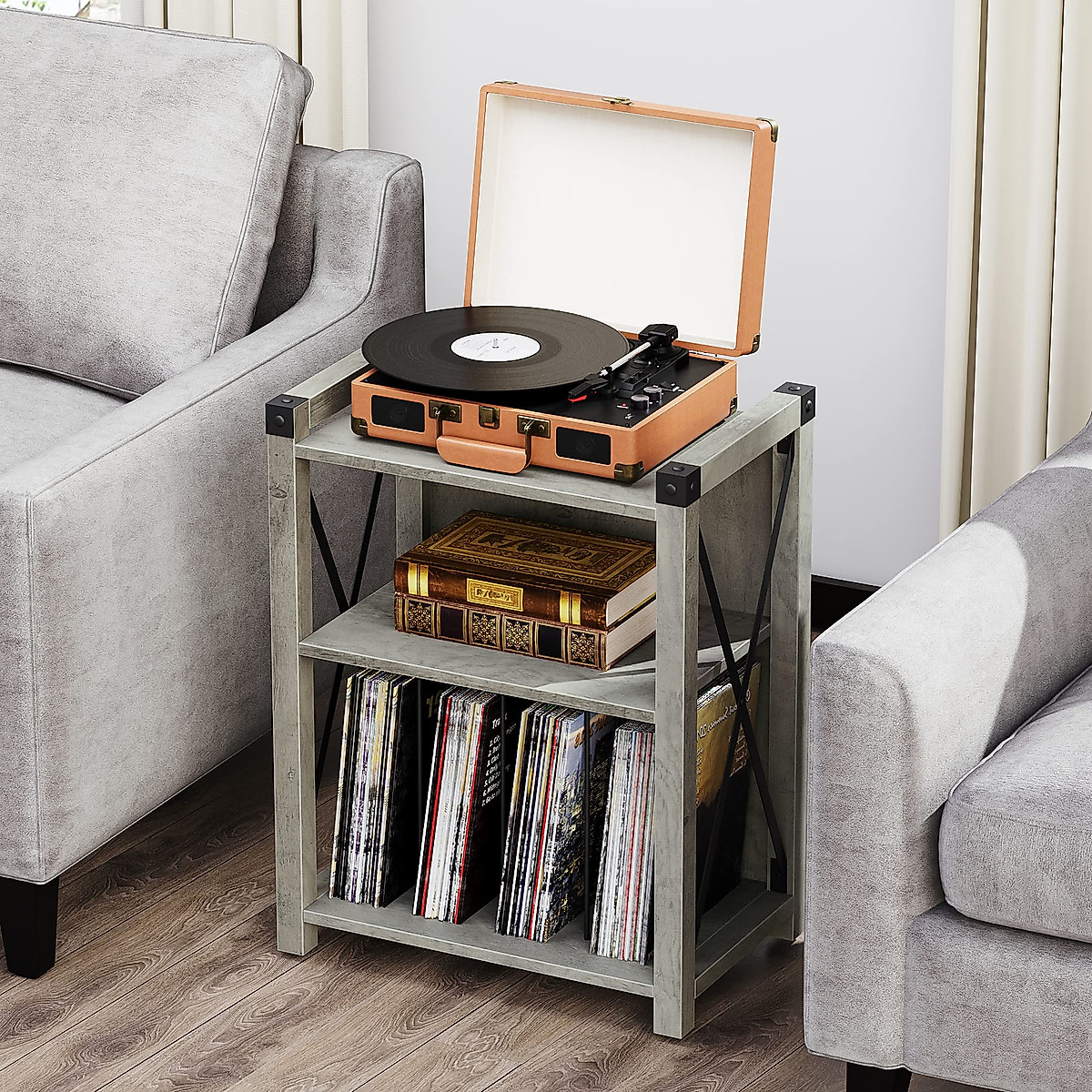 IDEALHOUSE Record Player Stand with Storage, Farmhouse Wooden Turntable Stand with X Metal Frame, 3-Tier Rustic Record Player Side Table for Living Room, Bedroom, Office - Grey