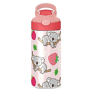 Kigai Koala Strawberry Kids Water Bottle, Insulated Stainless Steel Water Bottles with Straw Lid, 12 oz BPA-Free Leakproof Duck Mouth Thermos for Boys Girls