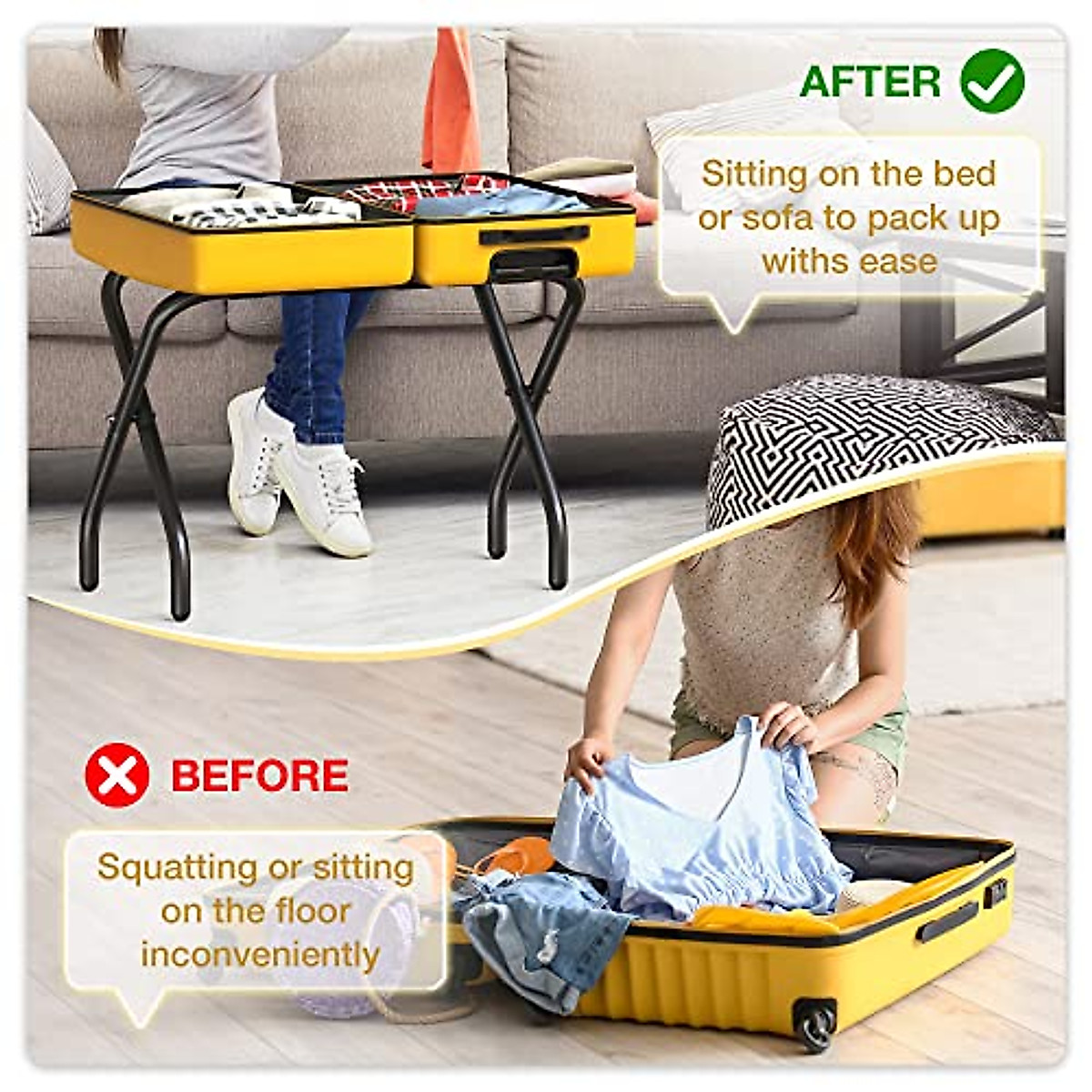 FEMOND Luggage Rack, Pack of 2, Luggage Rack for Guest room, Folding Suitcase Stand with Black Nylon Straps and Sturdy Steel Frame, Holds up to 150 lbs, Easy Assembly