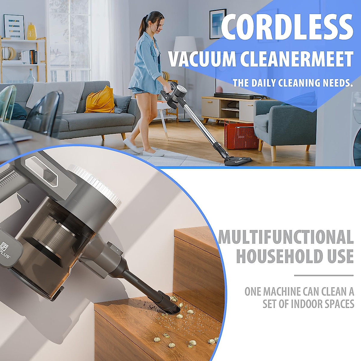 EFAN Cordless Vacuum Cleaner, 6 in 1 Stick Vacuum Cleaners for Home Carpet Hardwood Floor, Wireless Household Vaccum with HEPA Filtration, 16Kpa Powerful Suction, Up to 30mins Runtime, LED Headlight