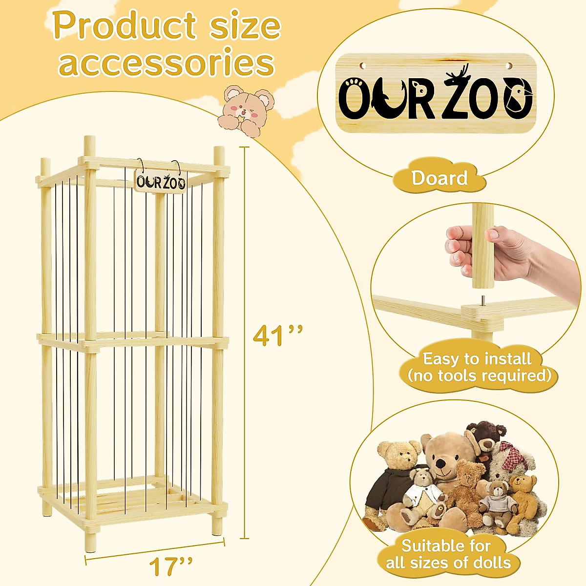 HAIDAIYA Stuffed Animal Zoo Storage Cage Wooden, 41''(3.4ft) Wood Large Stuffed Animal Storage Basket, Toy Storage for Big Stuffed Animals, Large Toy Chest for Kids Girls Boys Toy Organizer Holder