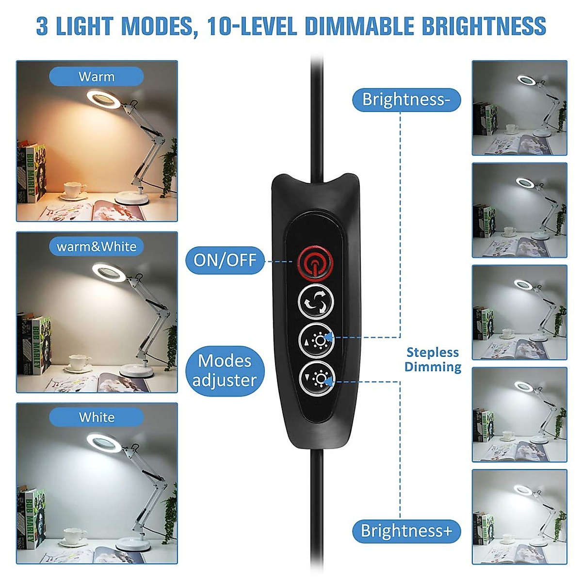 LANCOSC 2-in-1 Magnifying Glass with Light and Stand, 5X Real Glass Lens 3 Color Modes Stepless Dimmable, Adjustable LED Lighted Magnifier Desk Lamp with Clamp for Reading, Crafts, Close Works - White