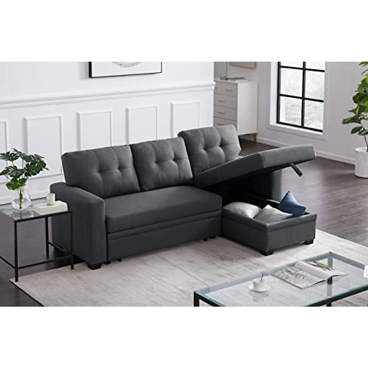 Eafurn 3 Seater Sectional Sofa with Reversible Chaise Lounge, L Shaped Convertible Couch Pull Out Bed and Storage, Comfy Linen Upholstery Corner Sofa&Couches for Living Room Office Furniture Sets