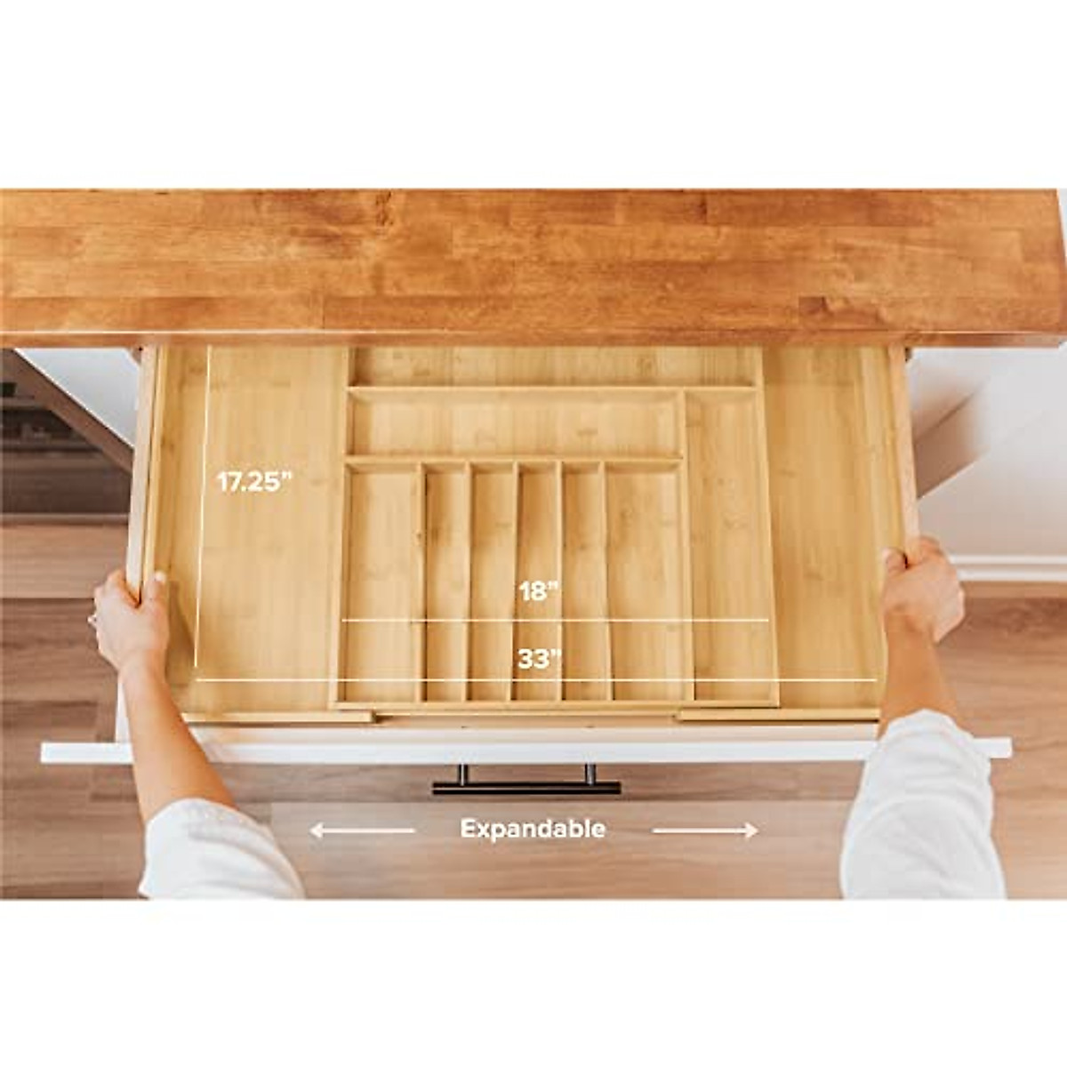 KitchenEdge Premium Silverware, Flatware and Utensil Organizer for Kitchen Drawers, Expandable to 33 Inches Wide, 11 Compartments, 100% Bamboo