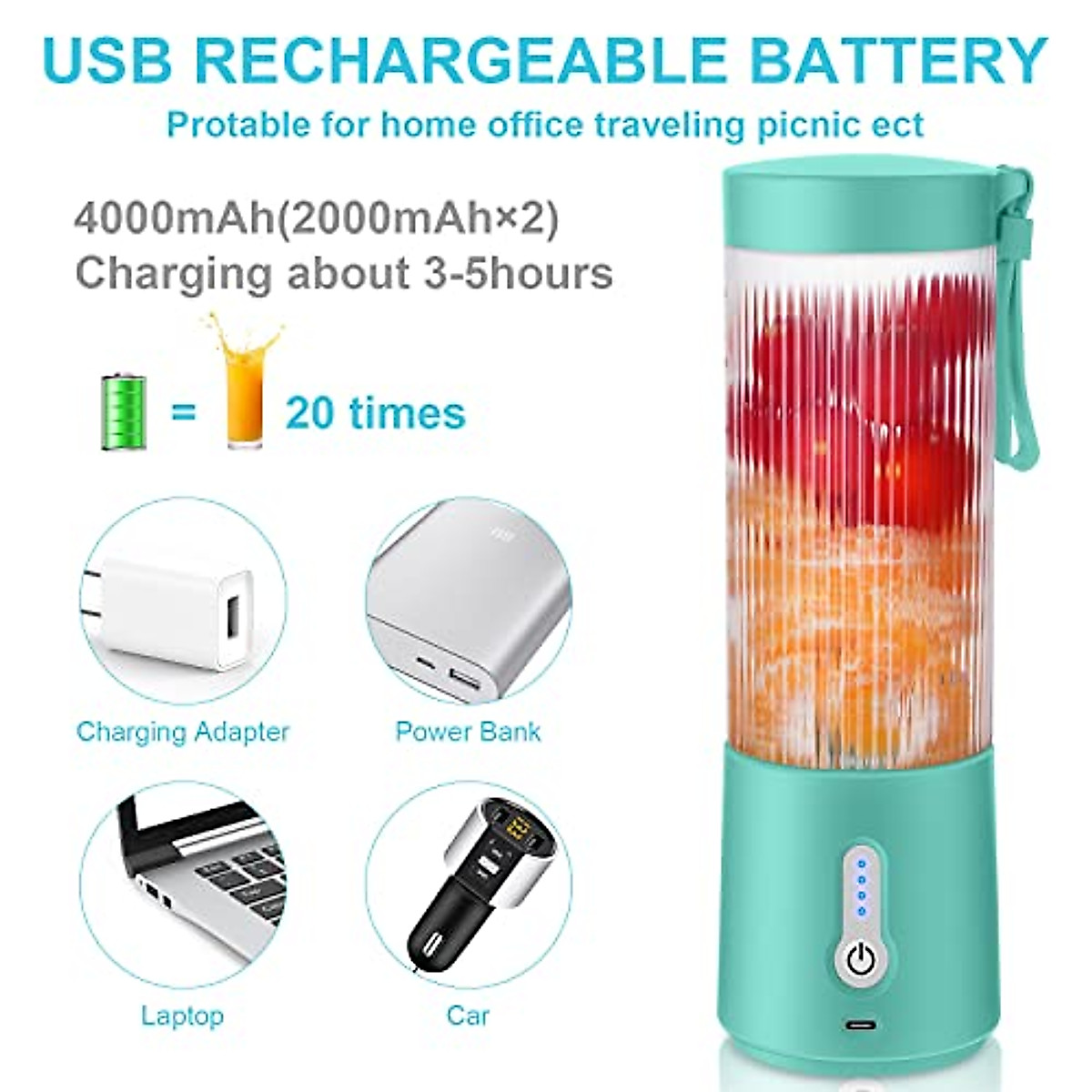 PIPIMOO Portable Personal Size Blender - 15.2Oz USB Rechargeable 4000mAh Mini Blender | Shakes and Smoothies with 6 Blades Juicer Cup | BPA-Free Food Mixer for Travel Home Sports Outdoors (Blue)