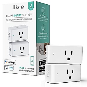 iHome Flow Smart Plug with Energy Monitoring and Timer Function, Wireless Wi-Fi Outlet Socket with On/Off Button, No Hub Required, Compatible with Alexa, Echo, and Google Home, 2-Pack