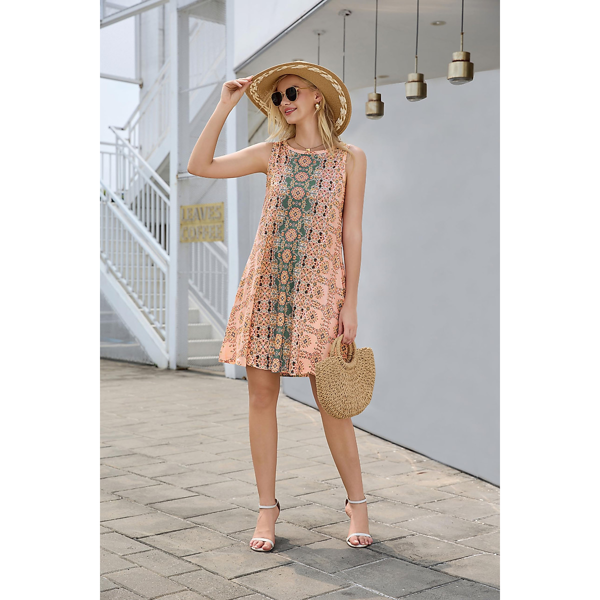 Sundress for Women Floral Bohemian Dress Sleeveless Loose Aline Beach Cover Up(Pink Boho Flower,M)