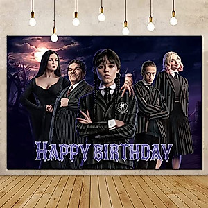 Wednesday New Addams Party Supplies, Happy Birthday Backdrop for Wednesday Party Decorations, 5 x 3FT Birthday Banner for Girls Boys Kids Birthday Party Decor