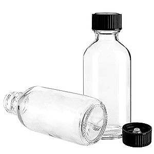 Bekith 30 Pack 2 oz Small Clear Glass Bottles, Boston Round Sample Bottles with Black Poly Cone Cap for Juice, Ginger Shots, Oils, Whiskey, Liquids