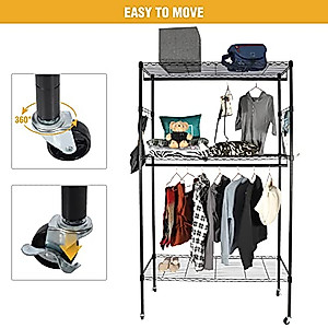 ALUPOM Heavy Duty Rolling Garment Rack, 3-Tier Metal Clothing Rack Closet Organizer with Loackable Wheels,2 Rods and 2 Pair Side hooks,Loading 400 lbs