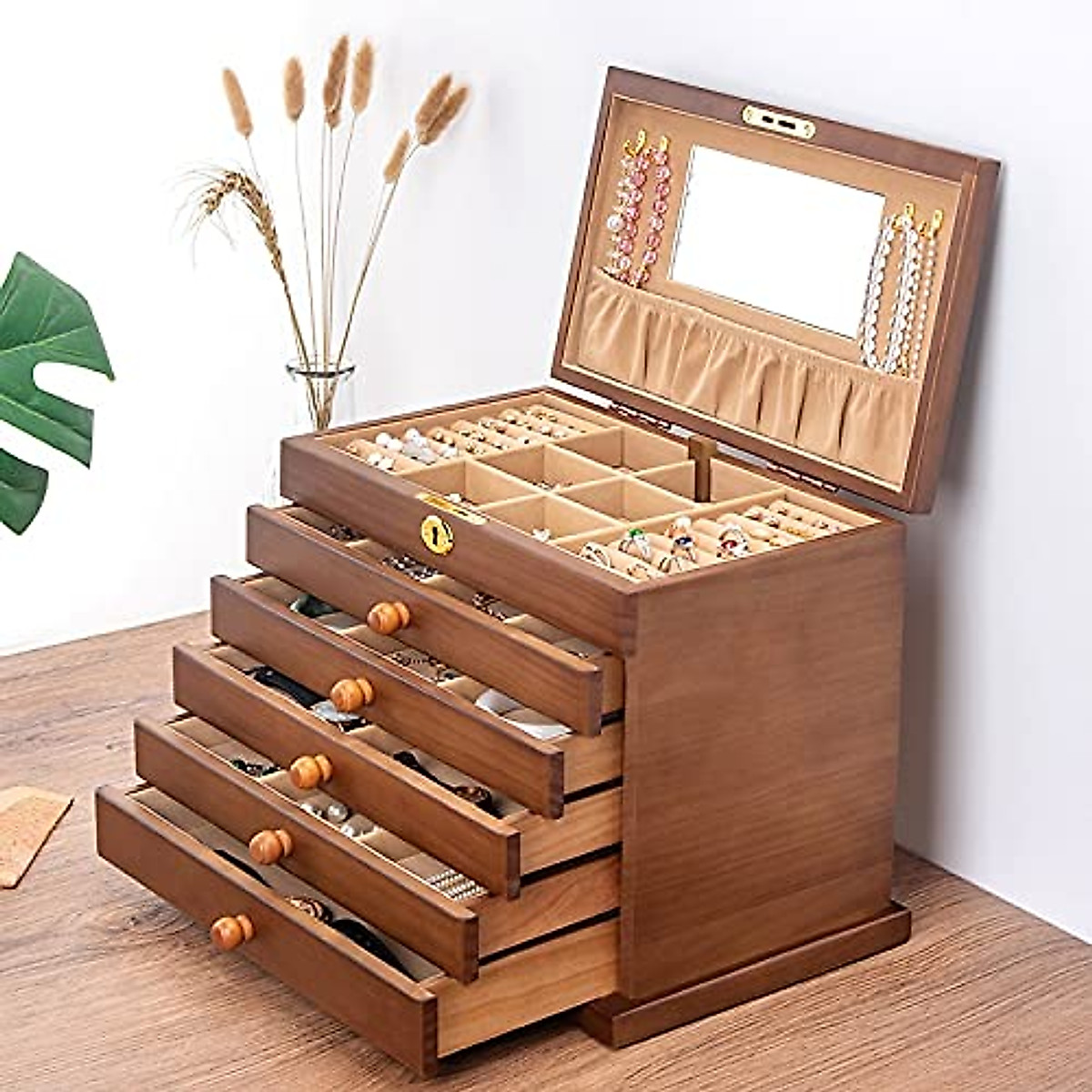 ZZYINH AN207 Solid Wood Six-Layer Jewel Box Large Capacity with Lock Retro Eardrop Earrings Necklace Jewelry Gift Small Jewelry (Color : Black)