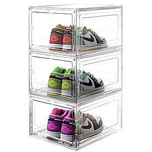 Shoe Storage Boxes Clear Plastic Stackable,3 Pack Acrylic Modular Shoe Organizer for Closet, Shoe Containers Case for Sneaker Storage, White-01