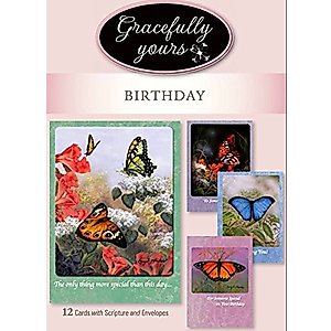 Gracefully Yours Blessed Birthday Greeting Cards Featuring Butterflies by Artist Larry Martin, 12, 4 Designs/3 Each with Scripture Message