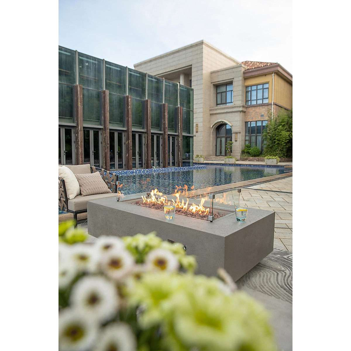 AMS Fireplace | Bundle for Madison 60"x32" Rectangular Concrete Natural Gas Fire Pit Table | Light Gray | Travertine (coarse) Texture Surface | Outdoor Patio Heater Electronic Ignition Fireplace