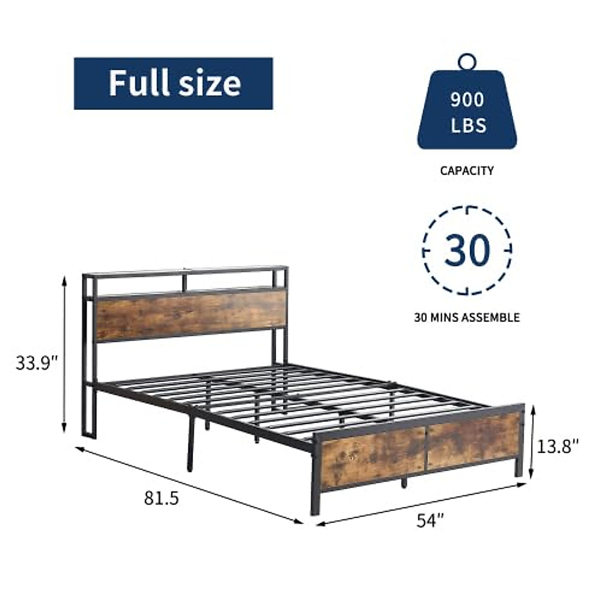 QSOSTNS Bed Frame with Ergonomic Headboard, 14 inch Fast Assembly Metal Bed with LED Lights, Outlets & USB, Bed Frame Full Size with Storage, Noise Free, No Box Spring Needed (Full)