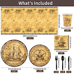 Durony 169-Piece Pirate Tableware Set - Pirate & Treasure Theme Birthday Party Supplies - Plastic Tablecloth, Plates, Napkins, Cups & Favors - Treasure Map Decors
