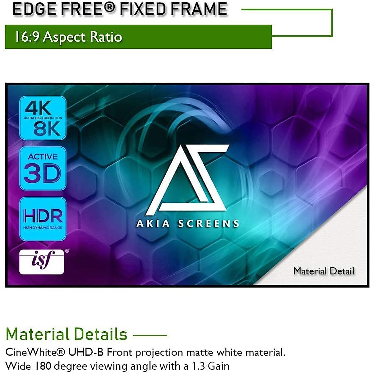 Akia Screens 145 inch Edge Free Fixed Frame Projector Screen 145" Diagonal 16:9 8K 4K Ultra HD 3D Ready CINEWHITE UHD-B Black Projection Screen for Indoor Movie Video Home Theater AK-NB145H