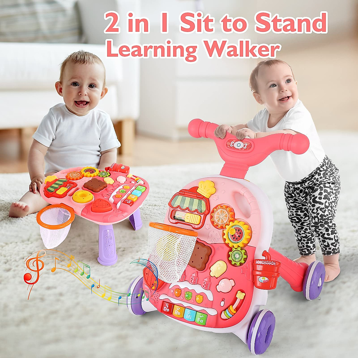 Eners Sit to Stand Baby Learning Walker with Wheels, Baby Activity Walker, 2 in 1 Baby Push Walkers and Activity Center, Walker for Baby Boy Girl (Pink)