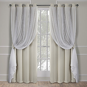 Exclusive Home Catarina Layered Solid Room Darkening Blackout and Sheer Grommet Top Curtain Panel Pair, 52"x96", Sand
