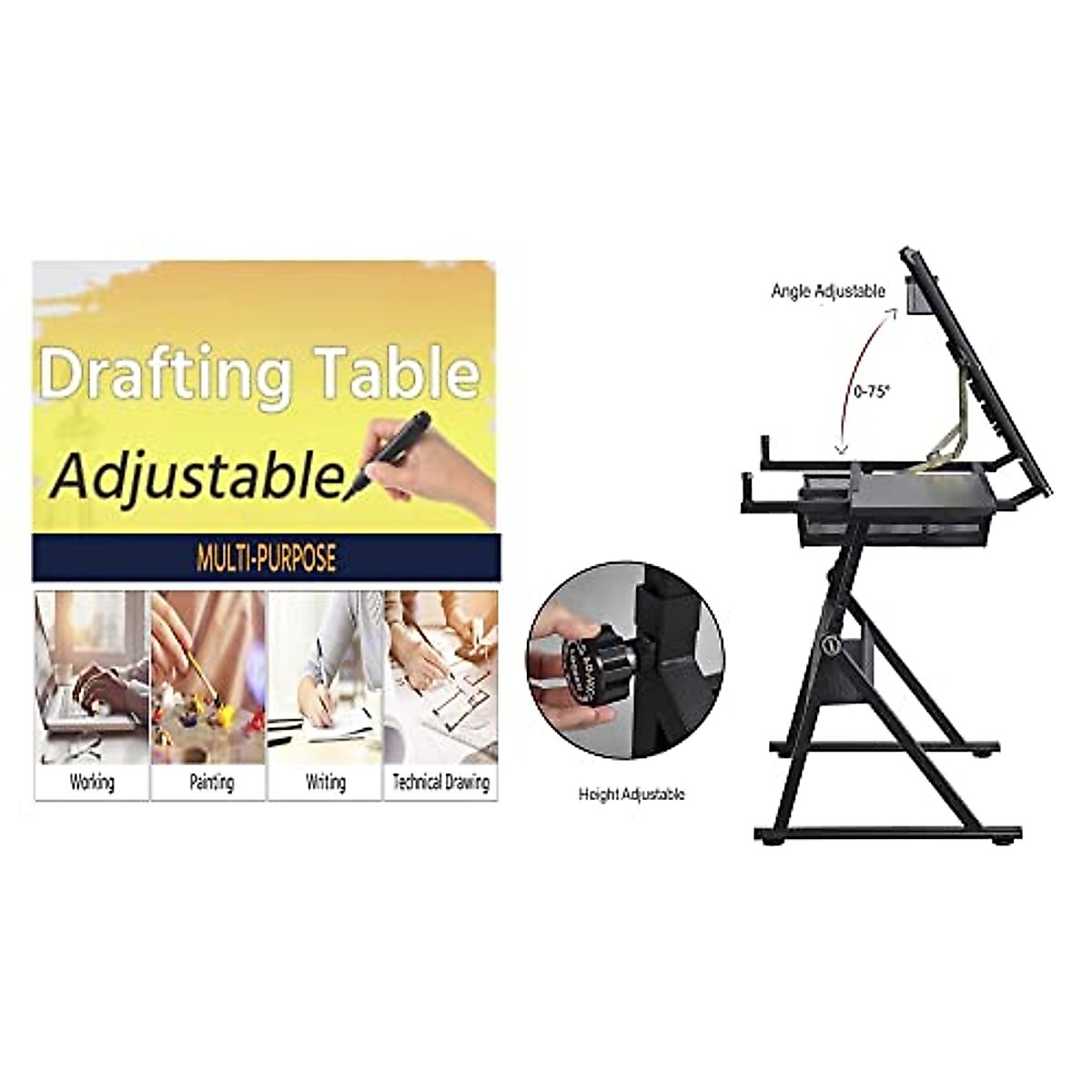 Lambgier Glass Craft Table Drawing Desk – Drafting Tables Hobby Table Writing Studio Art Artist Desk with Adjustable Tilted Tabletop (Black)