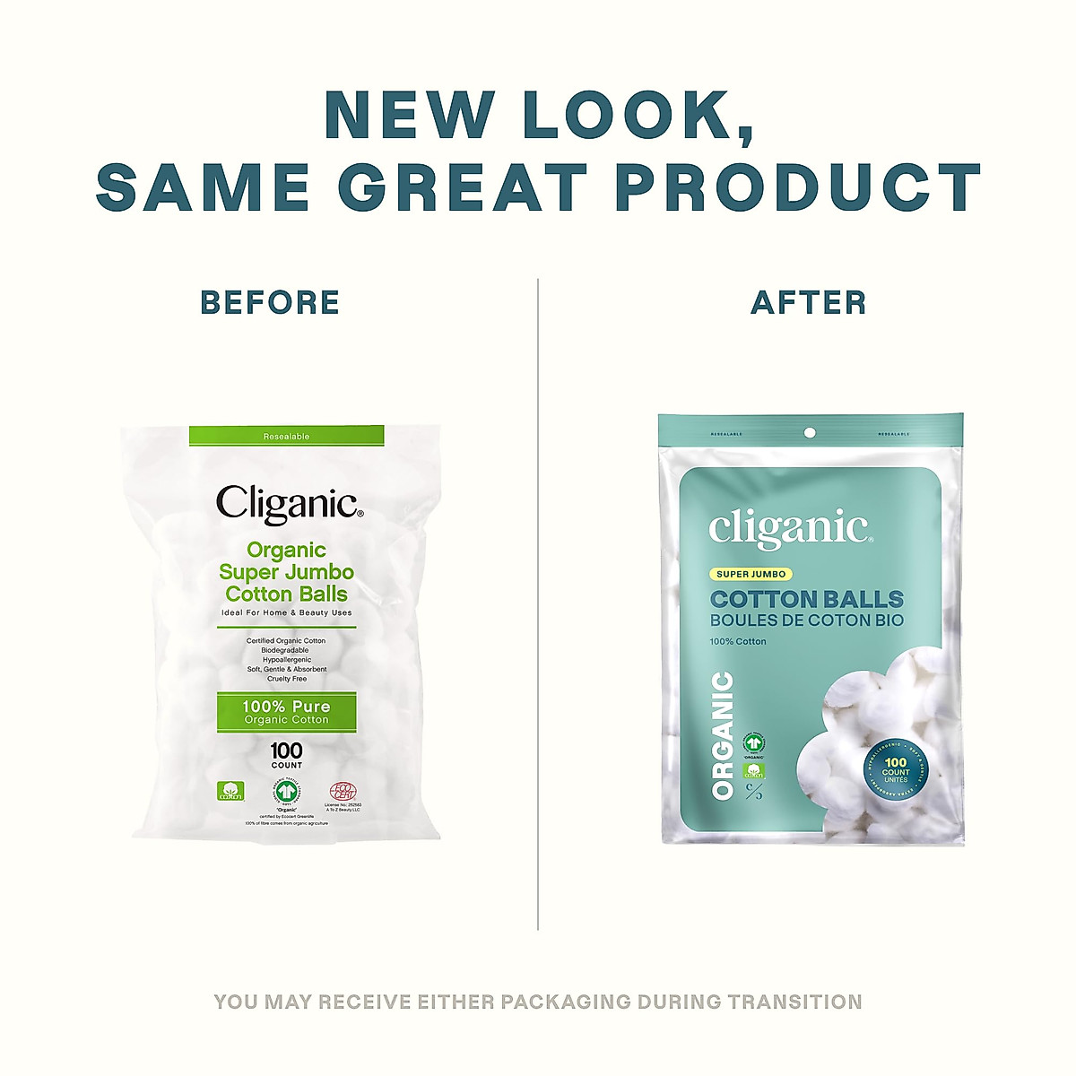 Cliganic Organic Super Jumbo Cotton Balls (200 Count) - Hypoallergenic, Absorbent, Large Size, 100% Pure (Packaging May Vary)