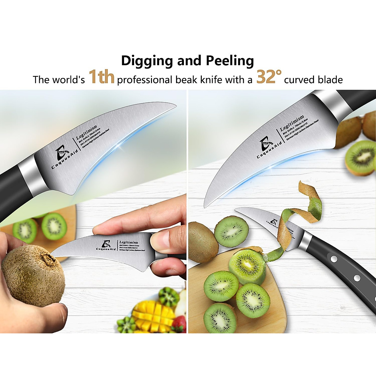 CoquusAid Paring Knife set, 2PCS small kitchen knife for fruit, 3.8 Inch Fruit knife and 2.75 inch Bird Beak peeling knife,Premium Germany Stainless Steel Ergonomic Handle,Elegant Black Ideal for Gift