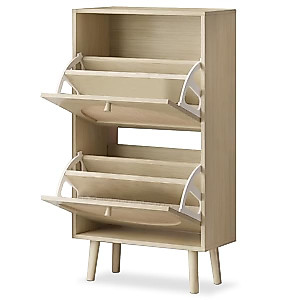 Wekity 2 Drawers Shoe Cabinet Rattan Shoe Rack Shoe Storage Cupboard Organizer Unit (Log Color)